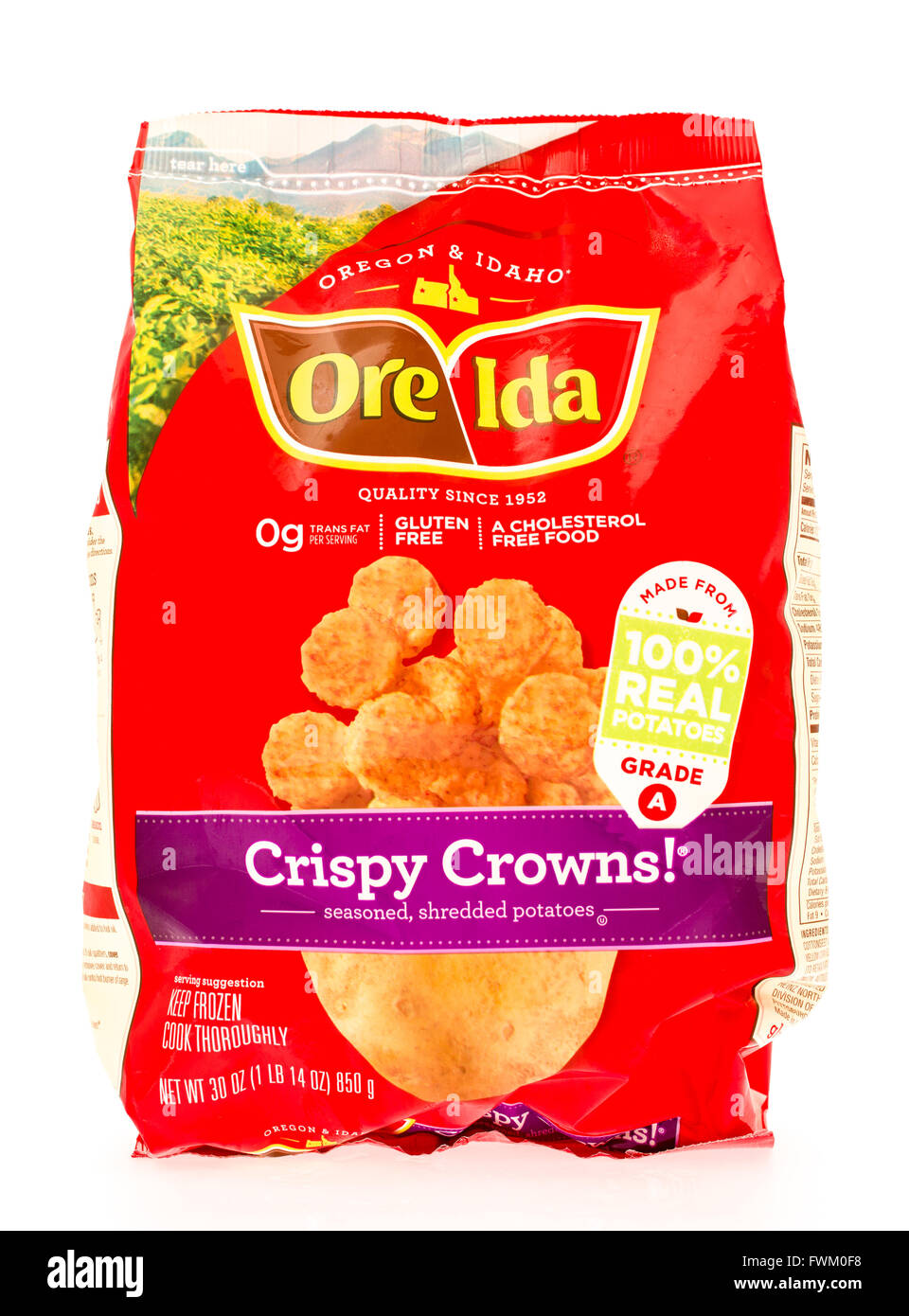 Winneconne, WI - 29 August 2015: Bag of Ore Ida crispy crowns, made ...
