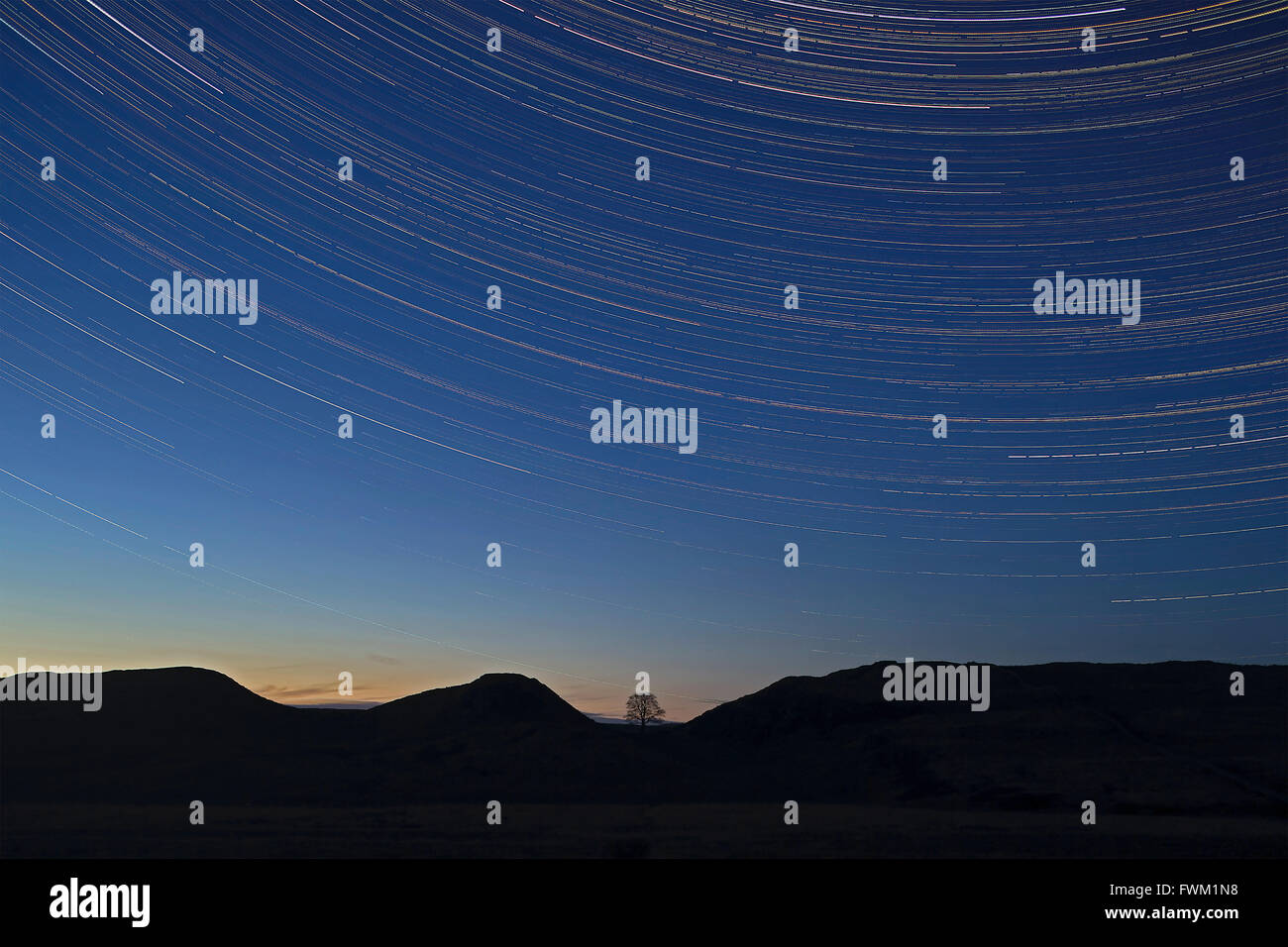 A view at night above Sycamore Gap on Hadrian's Wall in Northumberland ...
