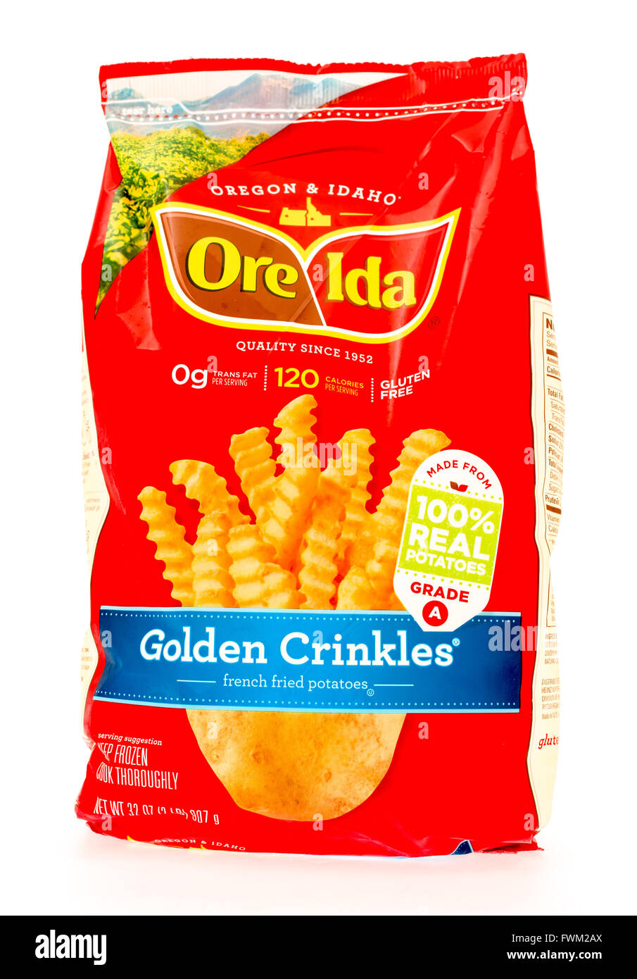 Winneconne, WI - 29 August 2015: Bag of Ore Ida golden crinkles, made ...