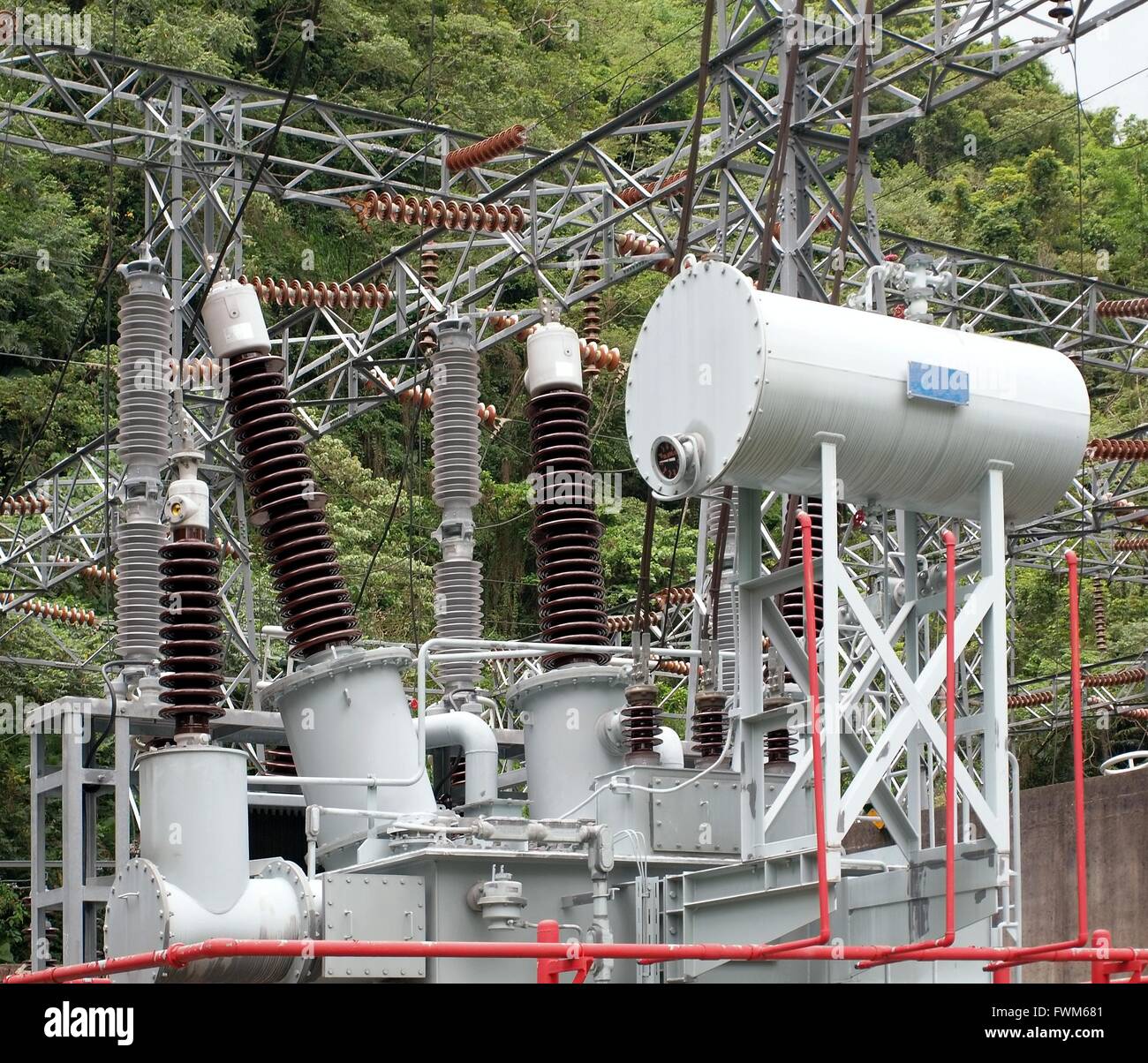 Electric substation attached to a hydroelectric plant with transformers ...
