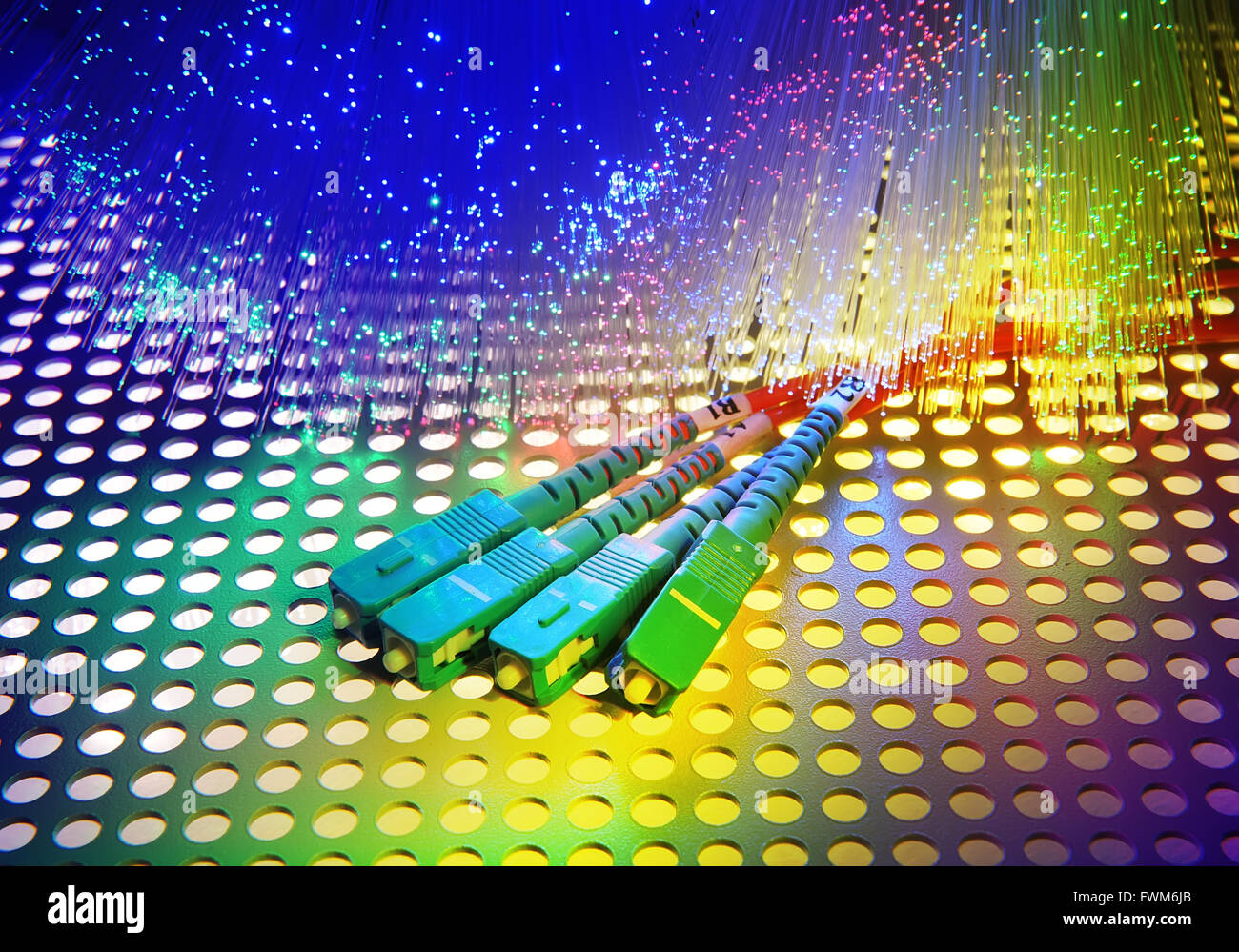 optical fibres dinamic flying from deep on technology background Stock ...