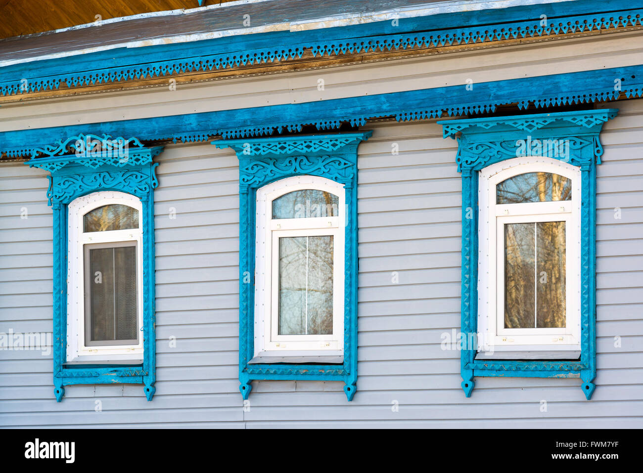 Carved window in old russian wooden country house Stock Photo - Alamy