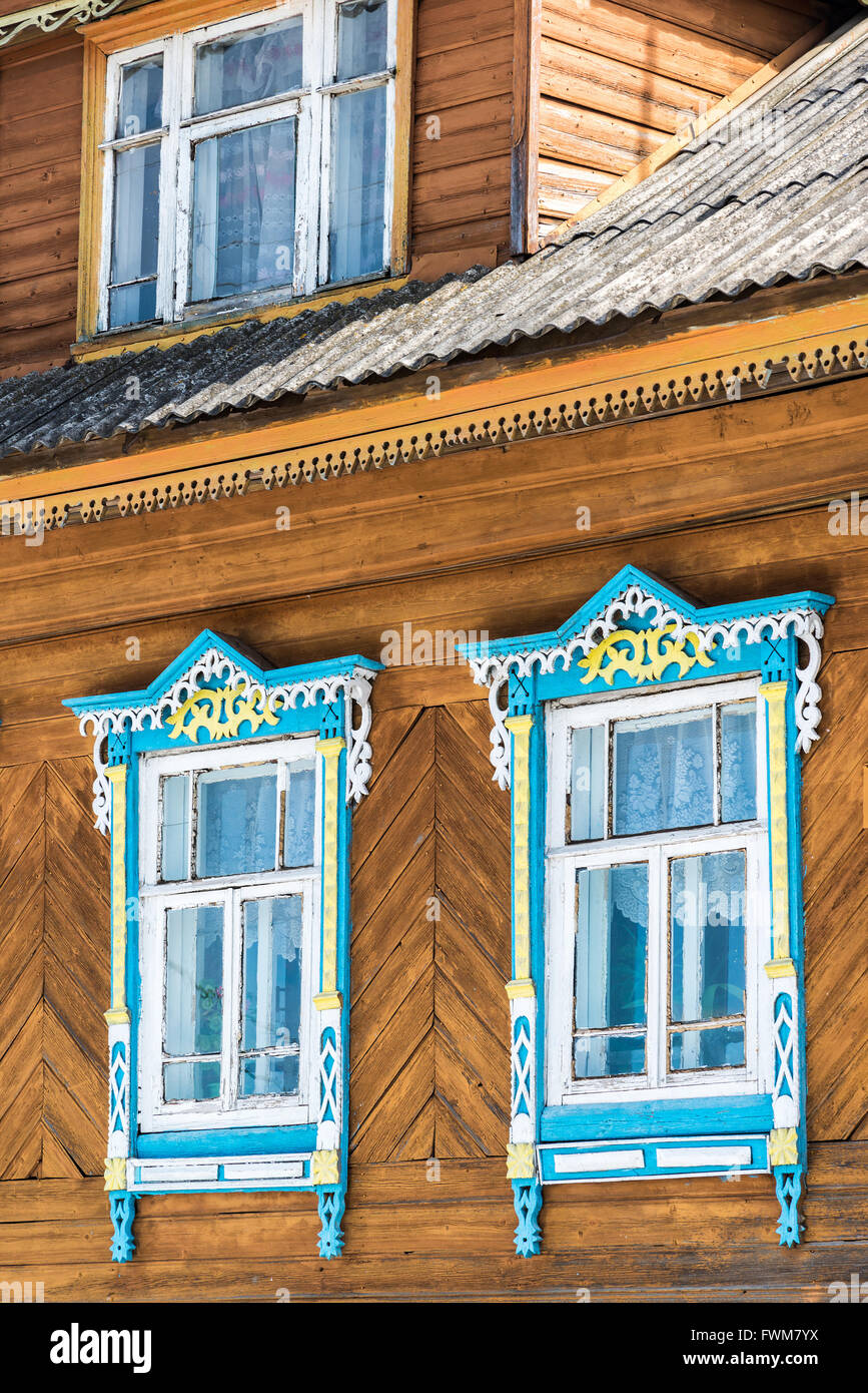 Carved window in old russian wooden country house Stock Photo - Alamy