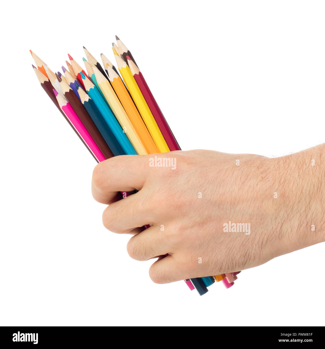 Used pencils in hand isolated on white background Stock Photo - Alamy
