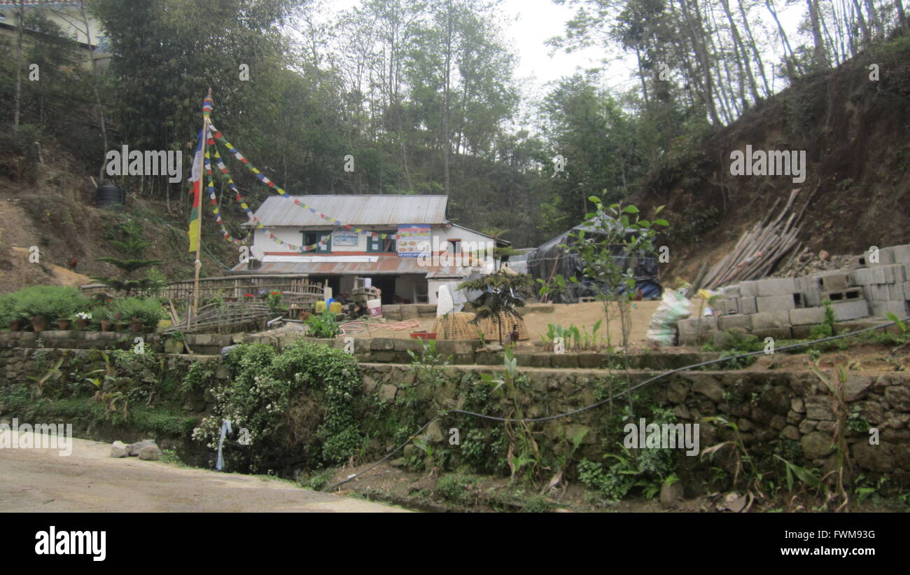 Nepali village home with Buddhist prayer flags Sindhupalchock , Nepal ...