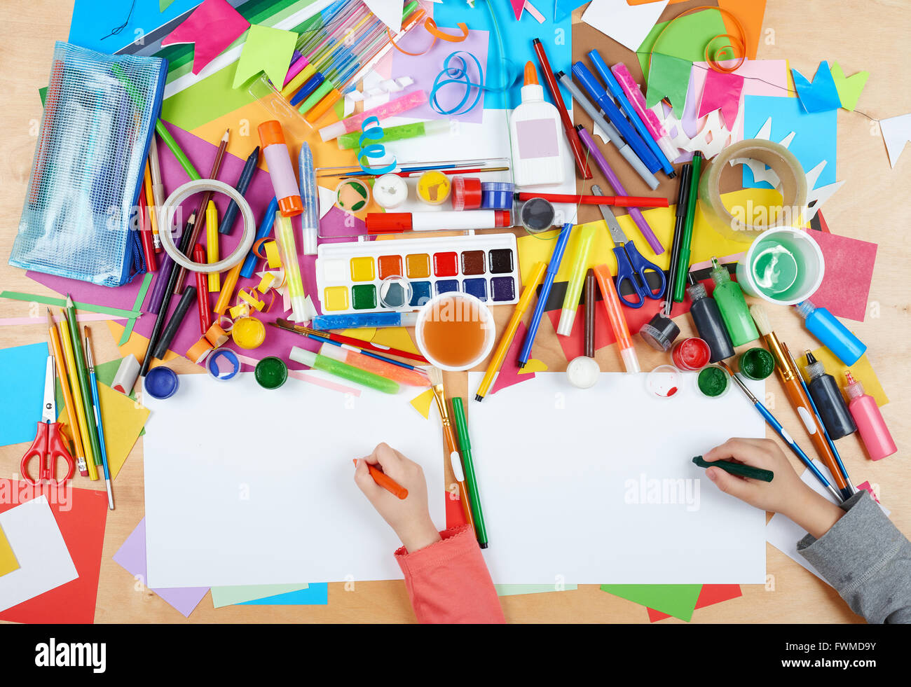 Child drawing top view. Artwork workplace with creative accessories ...