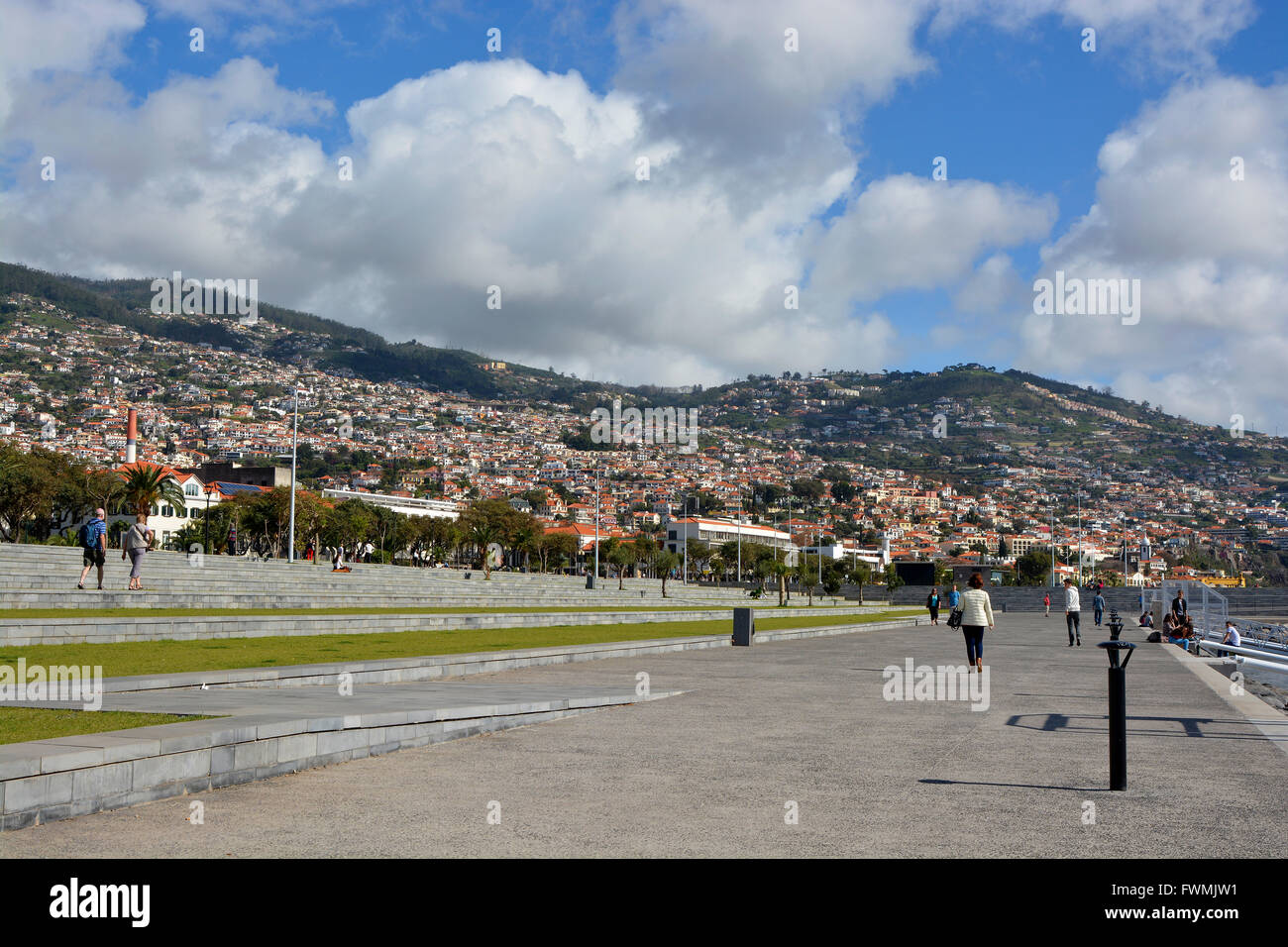 Seafront promenade with people in Funchal, Madeira, Portugal. City and ...
