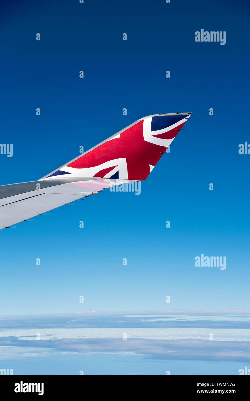 Vertical close up view of the winglet of a plane during flight Stock ...