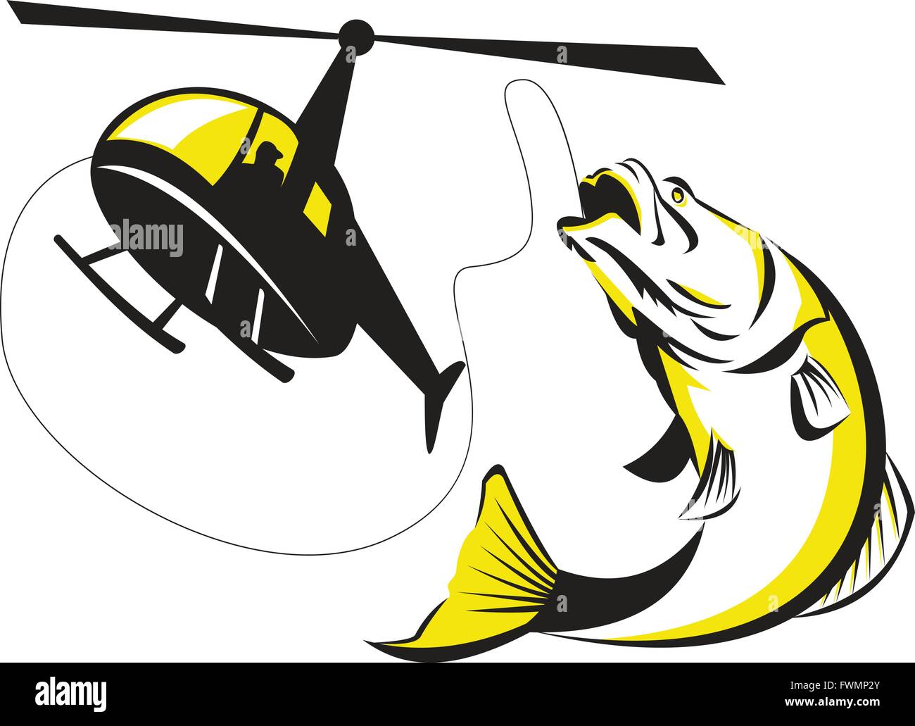 Illustration of helicopter heli fishing reeling a jumping barramundi or ...