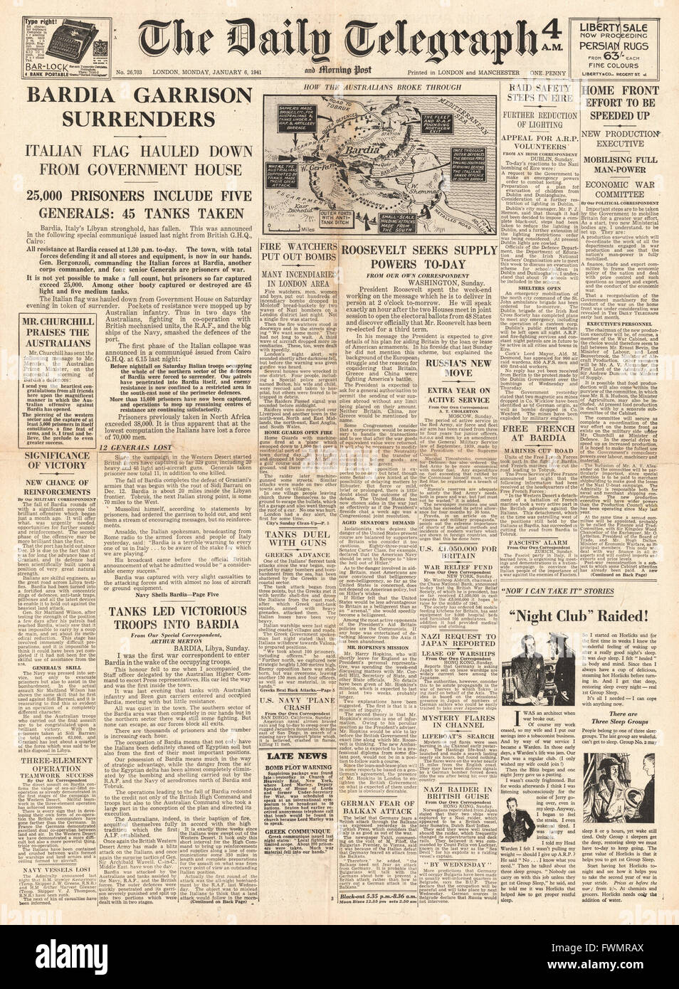 1941 front page Daily Telegraph Surrender of Bardia to Allied Forces ...