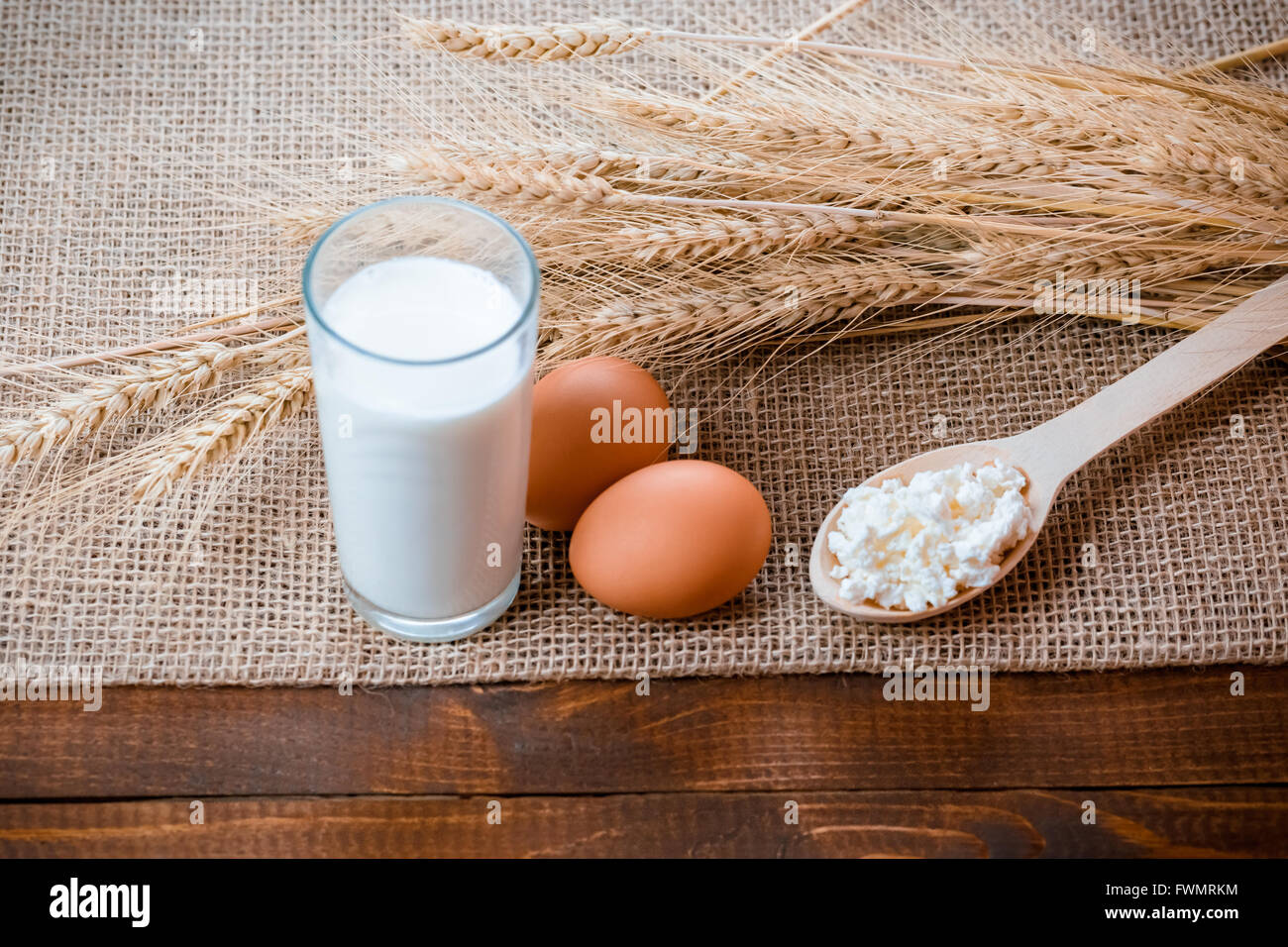 Cottage cheese, glass of milk, two eggs, wooden spoon with cottage ...