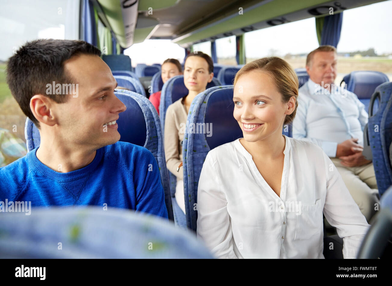 group of happy passengers in travel bus Stock Photo - Alamy
