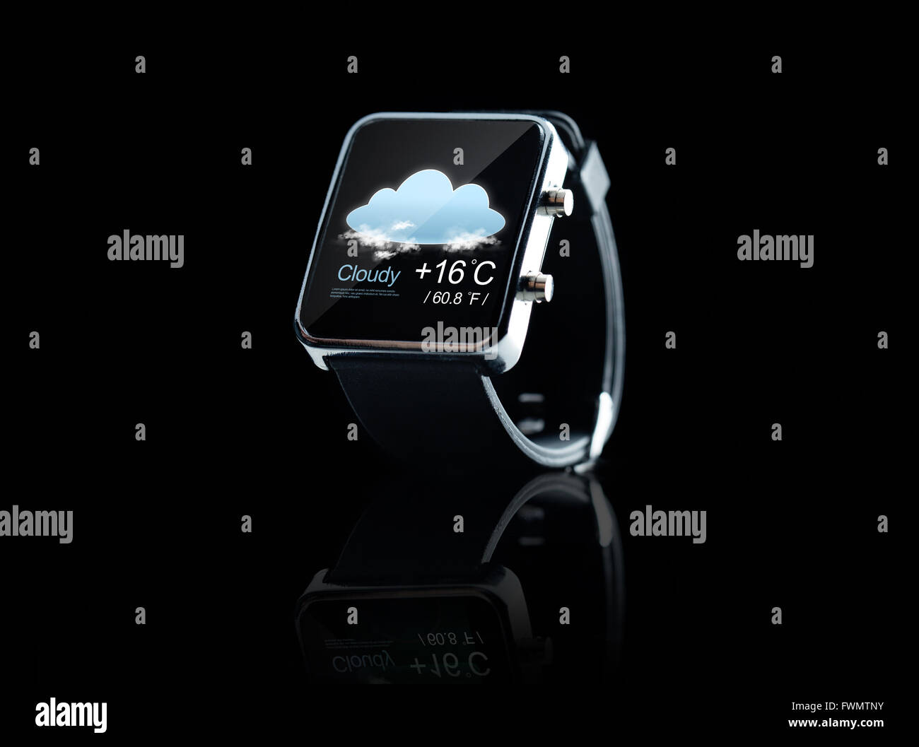 close up of black smart watch with weather app Stock Photo - Alamy