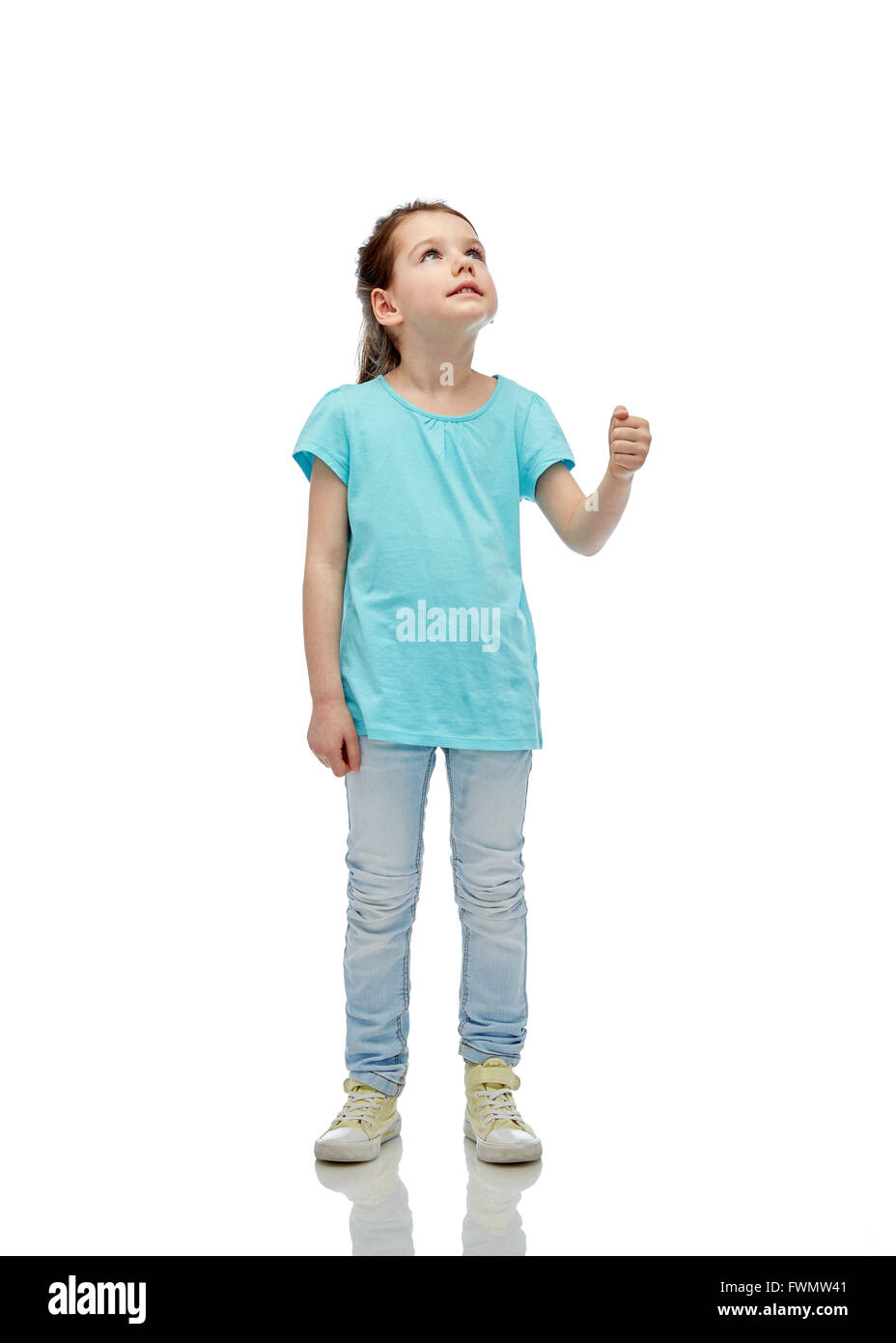 girl looking up and holding something invisible Stock Photo - Alamy