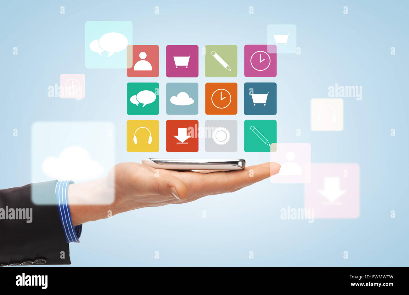 male hand with smartphone and menu icons Stock Photo - Alamy