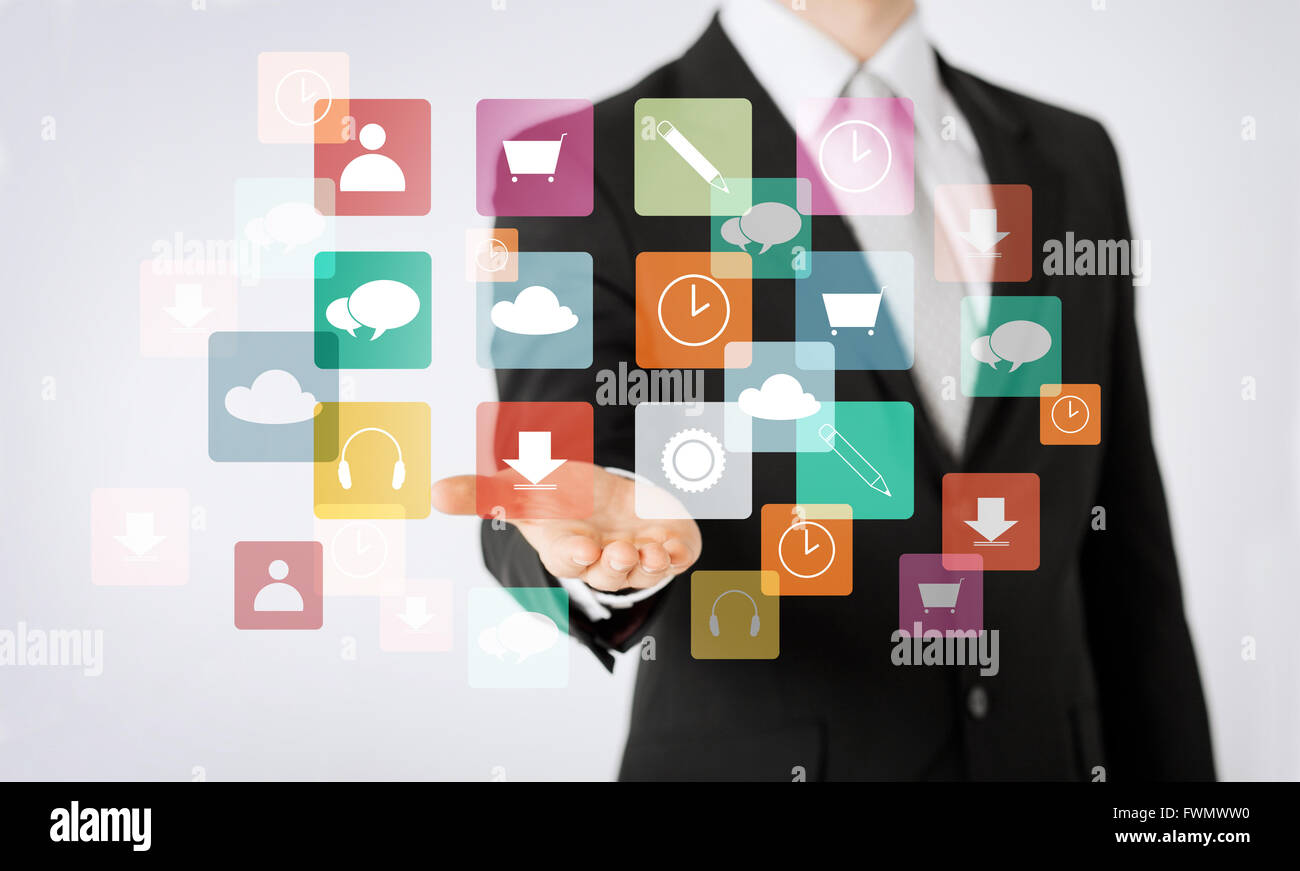 close up of man showing application menu icons Stock Photo - Alamy