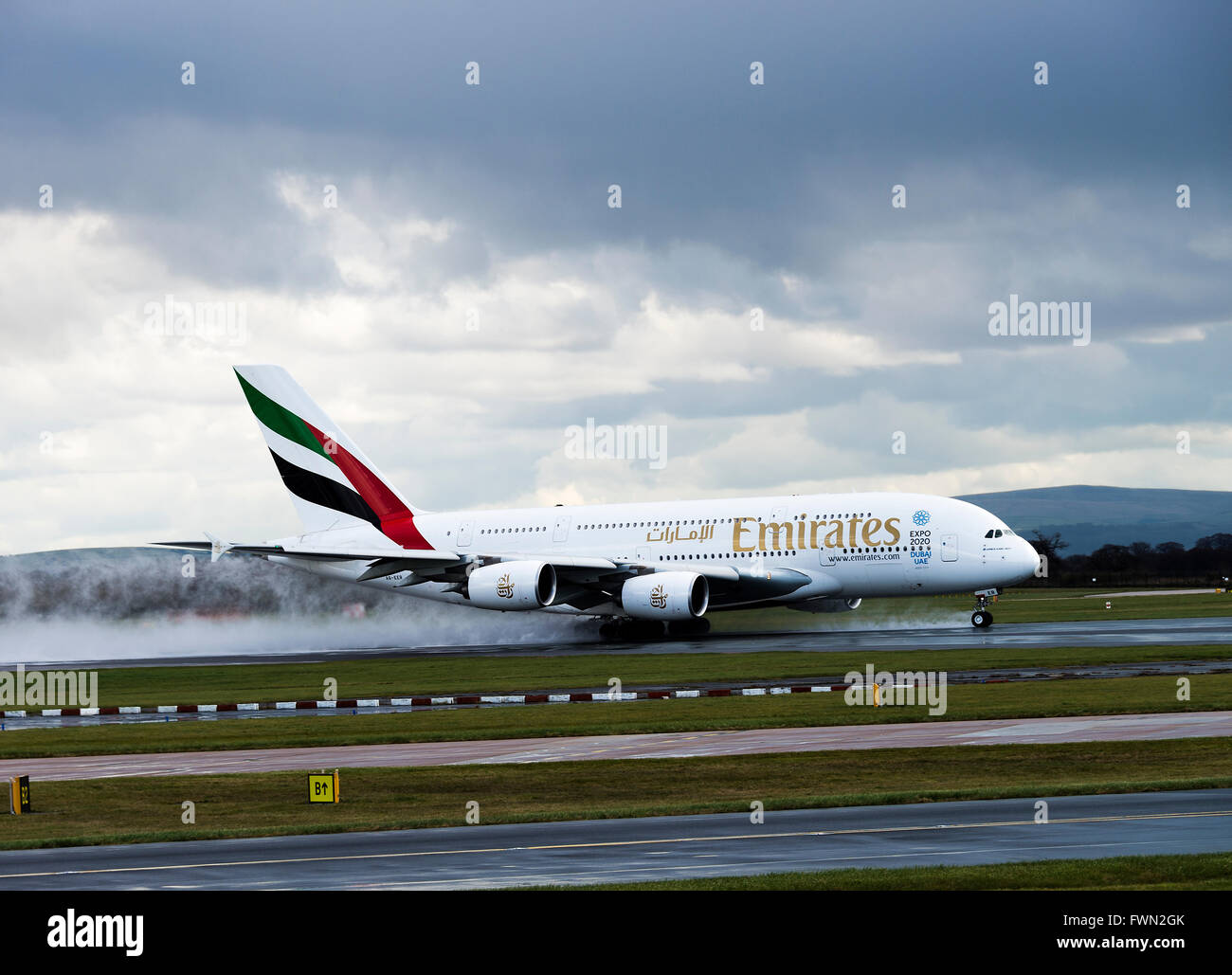 Emirates Airline Airbus A380-862 Airliner A6-EER Taking Off in Rain ...
