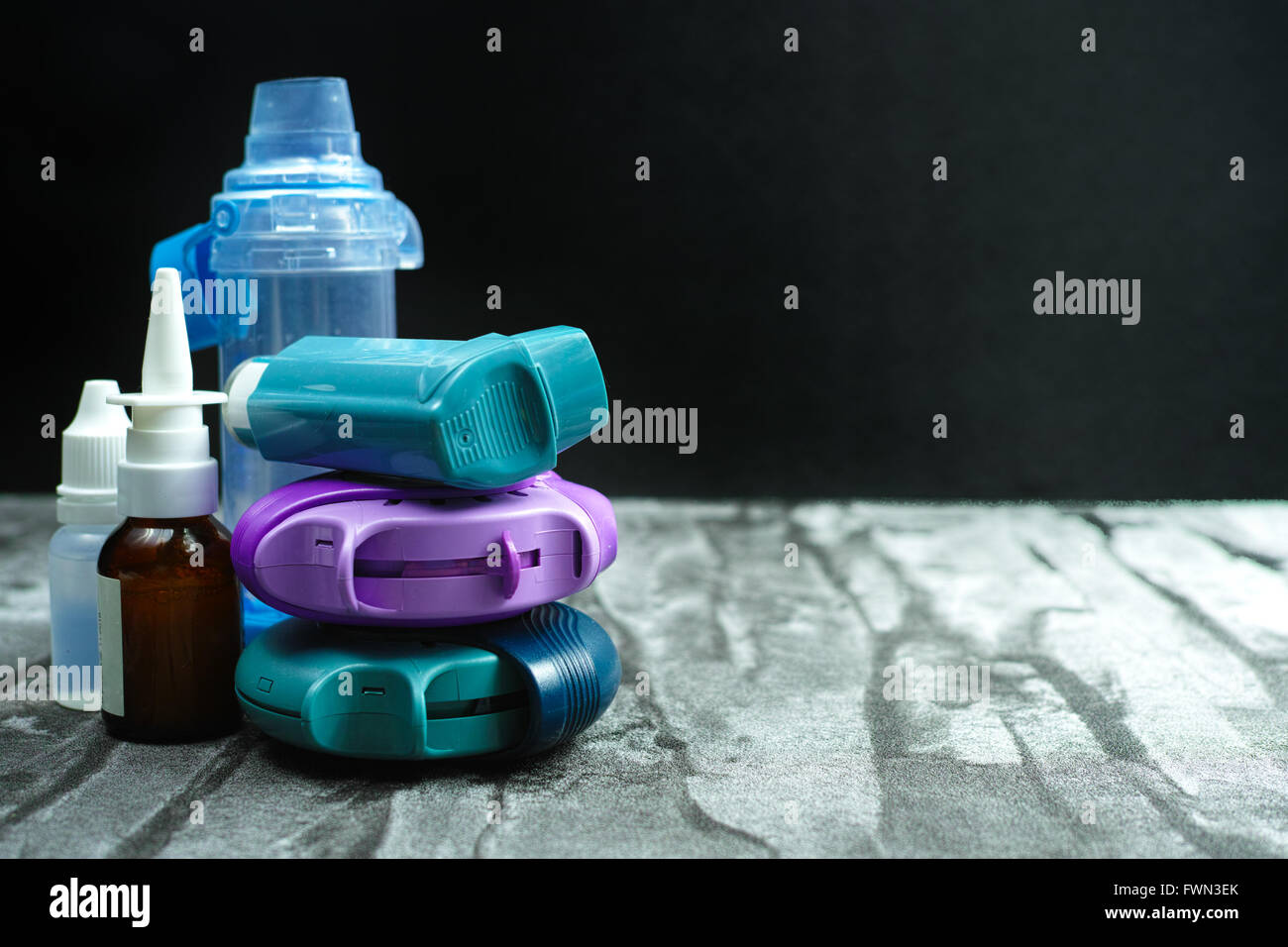 Asthma medication. Set of inhalers and medication for the treatment of ...