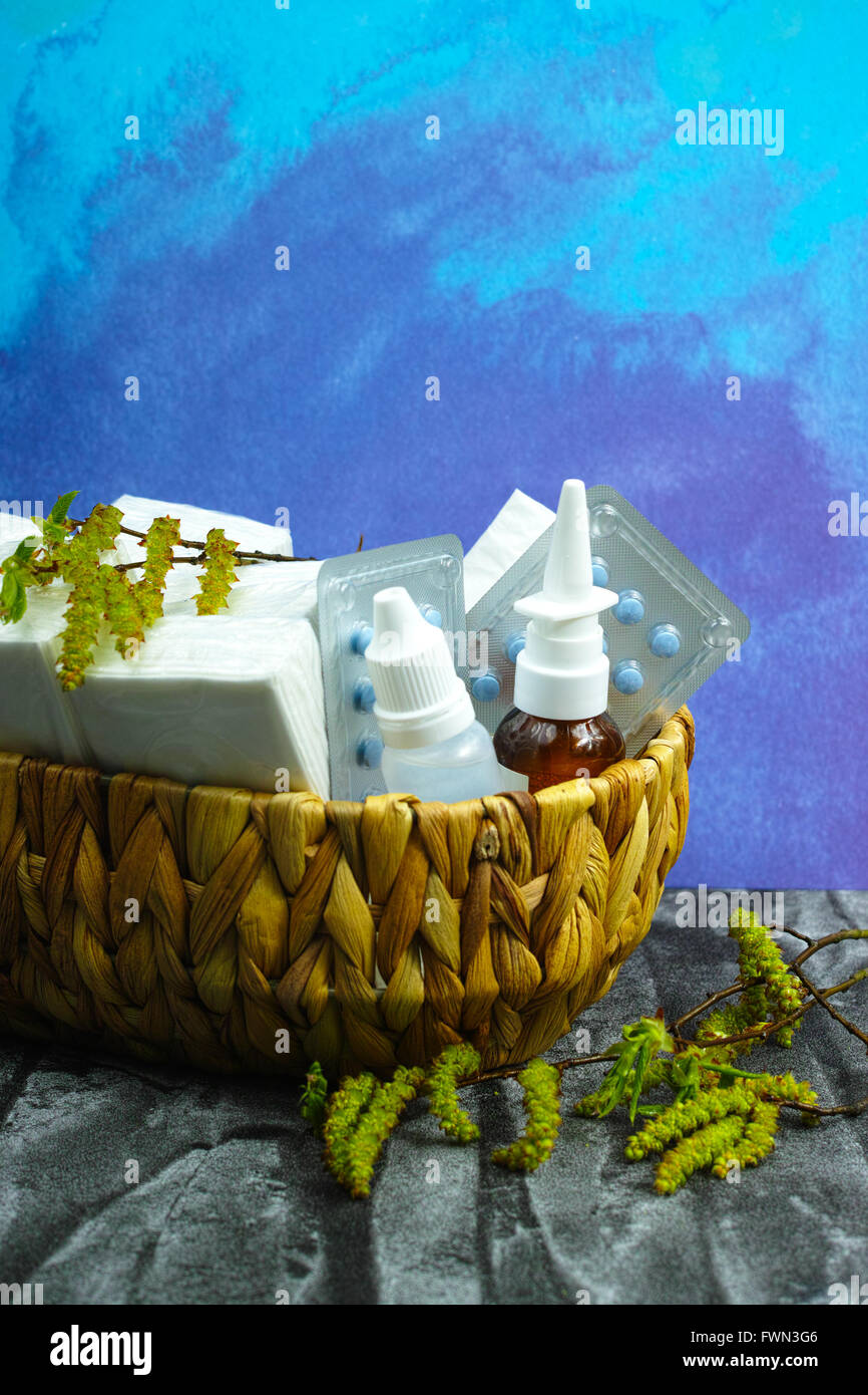 Allergy relief concept, seasonal allergens - birsh pollen, medication ...