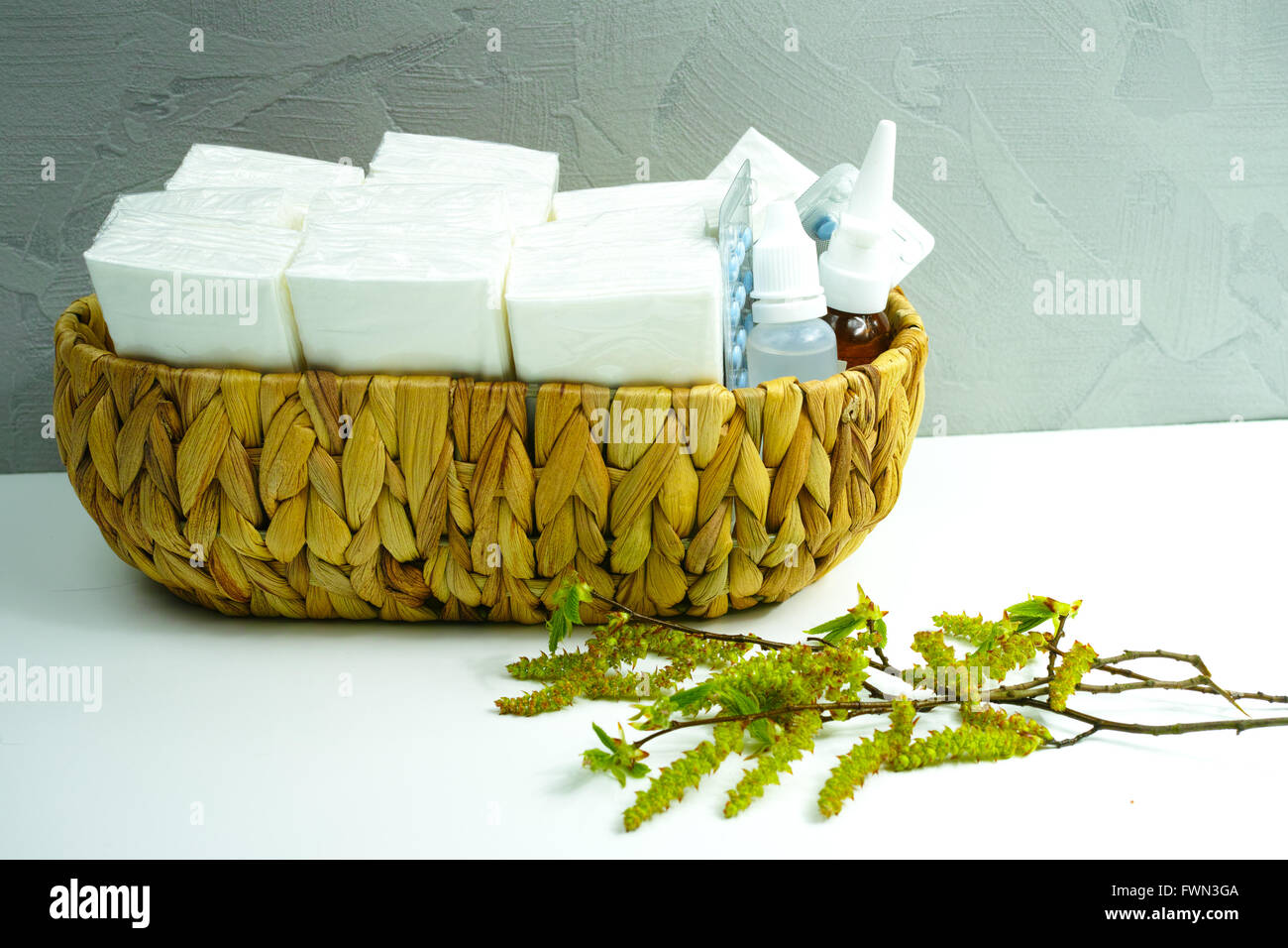 Allergy relief concept, seasonal allergens - birsh pollen, medication ...