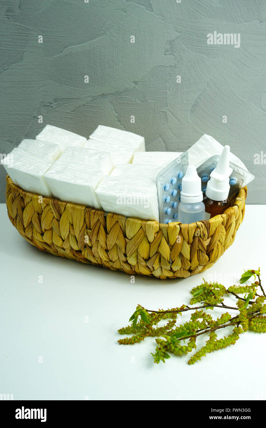 Allergy relief concept, seasonal allergens - birsh pollen, medication ...