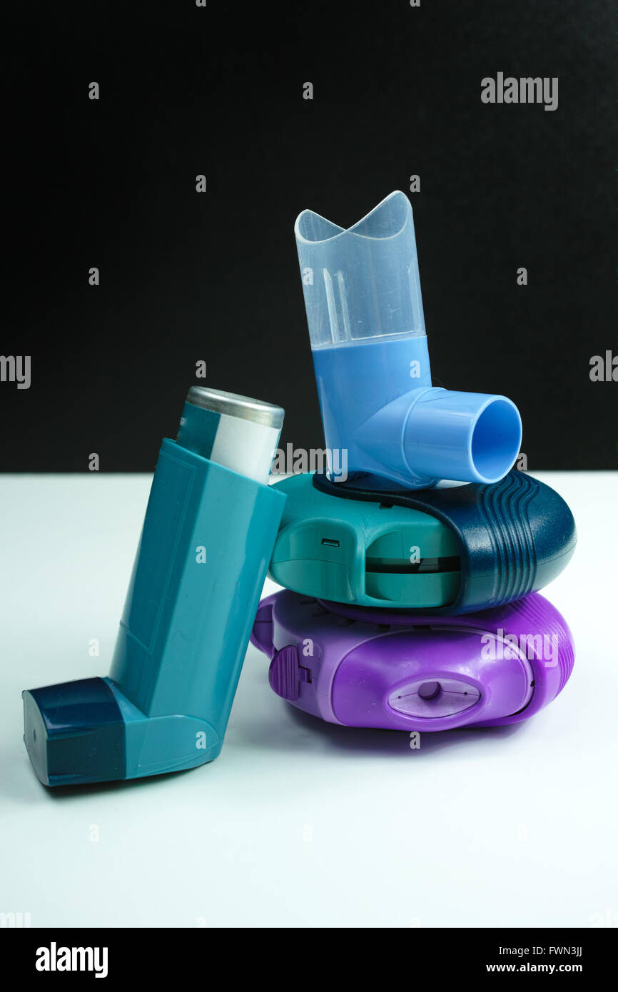 Asthma medication. Set of inhalers and medication for the treatment of ...