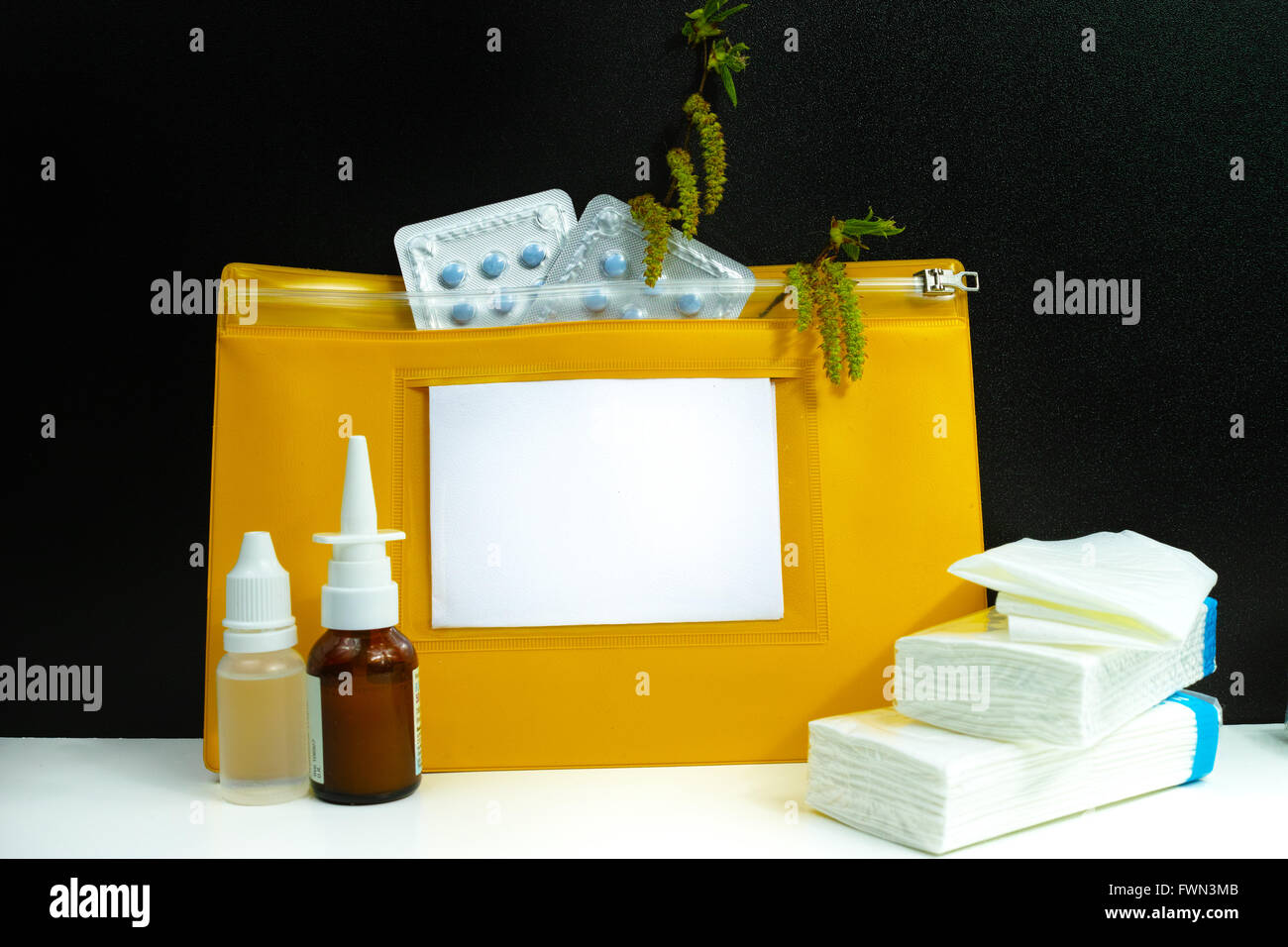 Allergy relief concept, seasonal pollen allergy, medication and paper ...