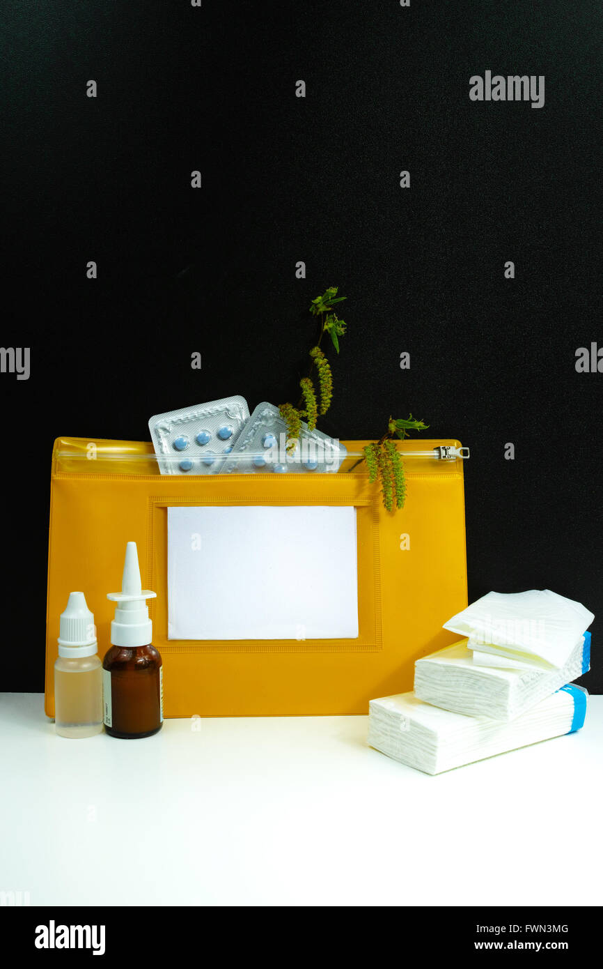 Allergy relief concept, seasonal pollen allergy, medication and paper ...