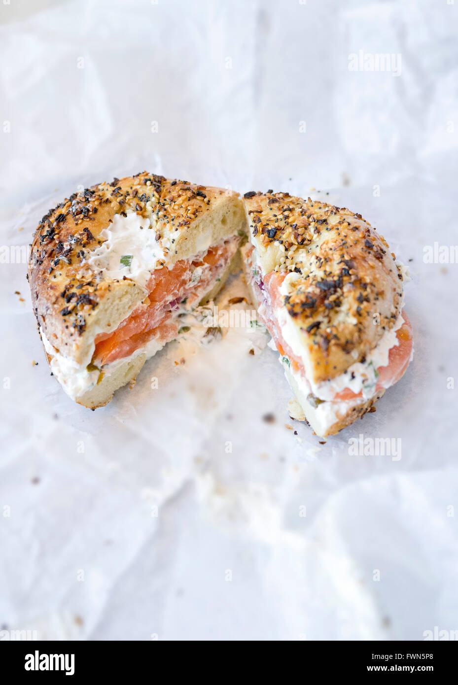 Black Seed Bagel with smoked salmon and cream cheese schmear NYC Stock ...