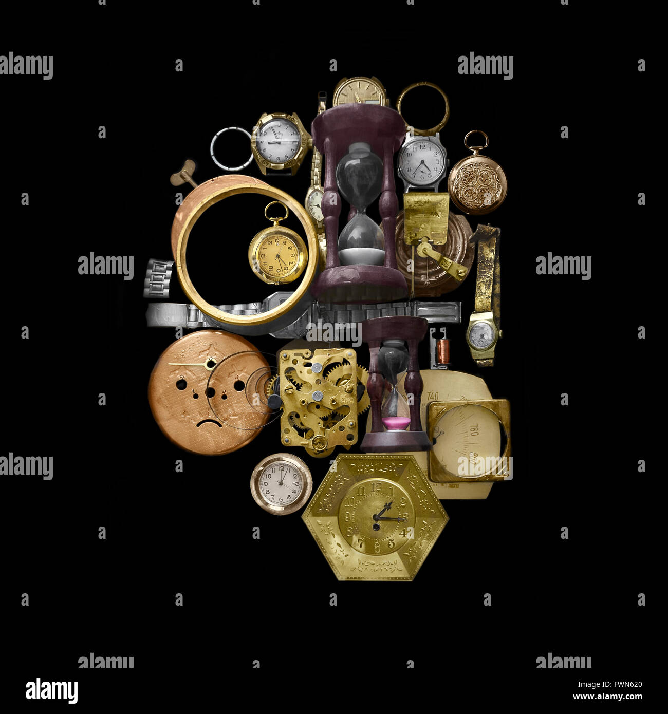 Many old clock on black background Stock Photo - Alamy