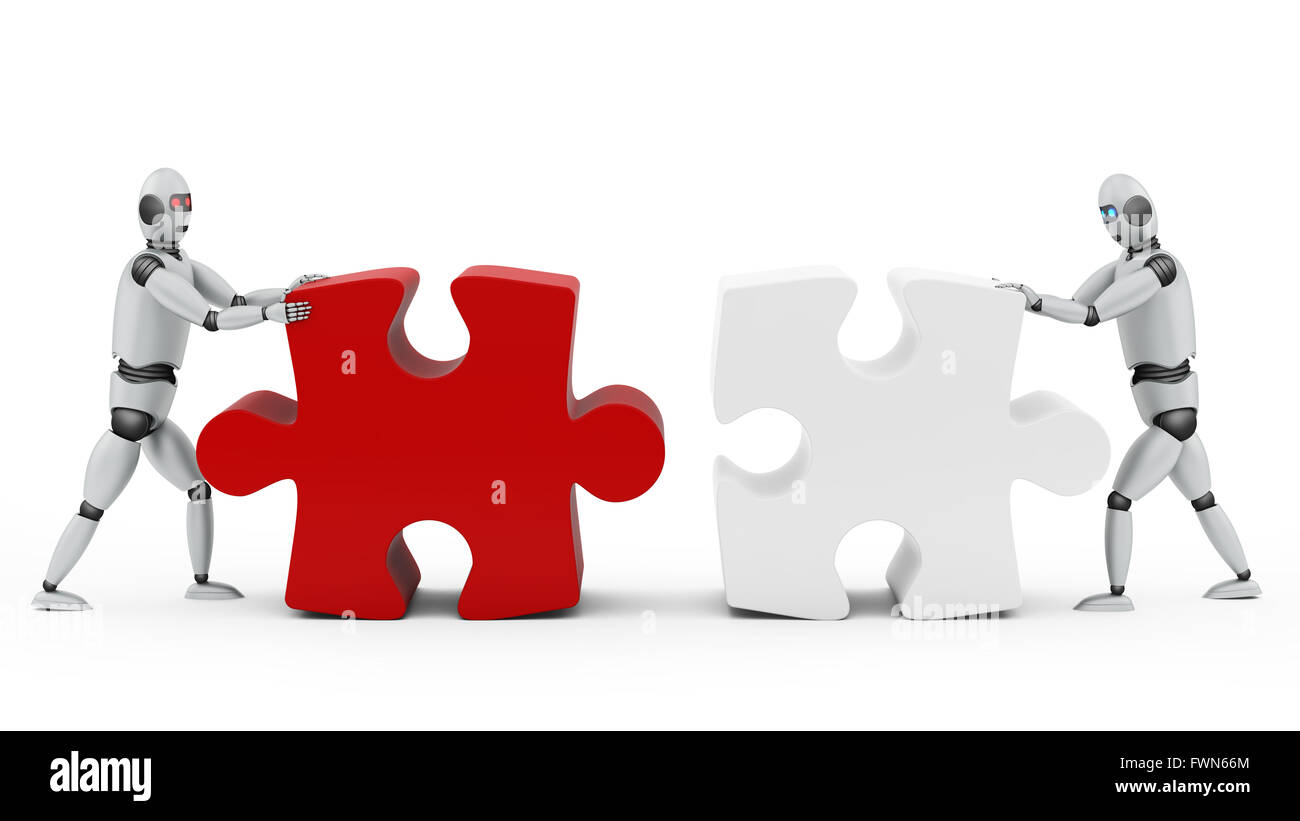 render of robots pushing puzzle pieces, isolated on white Stock Photo ...