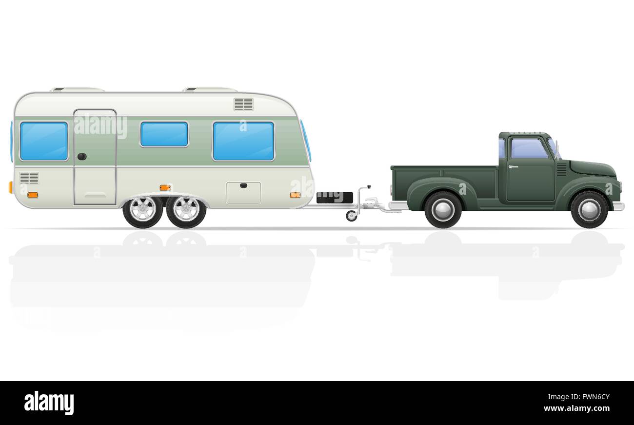 old retro car pickup with trailer vector illustration isolated on white ...