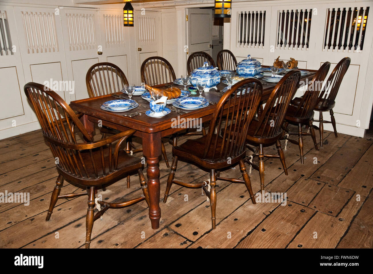 The wardroom table set for dinner aboard HMS Trincomalee, Nelson-era ...