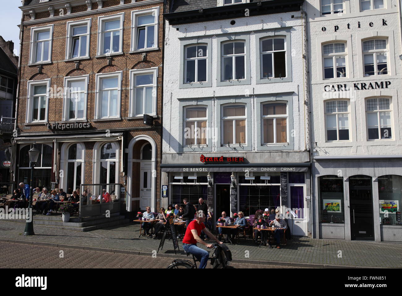 Maastricht, Netherlands, Cafes and restaurants on an early sunny spring ...