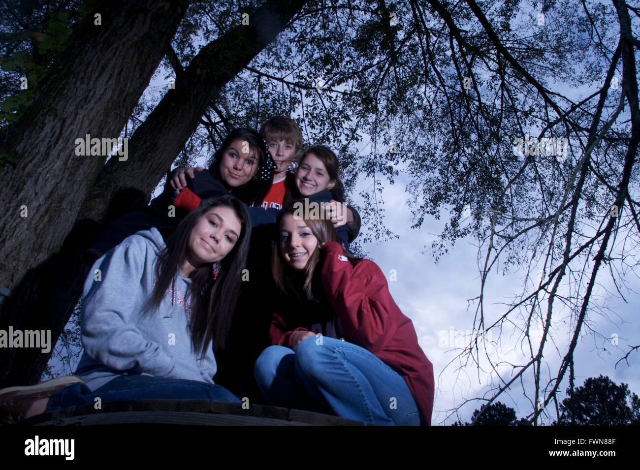 Kids under tree Stock Photo - Alamy
