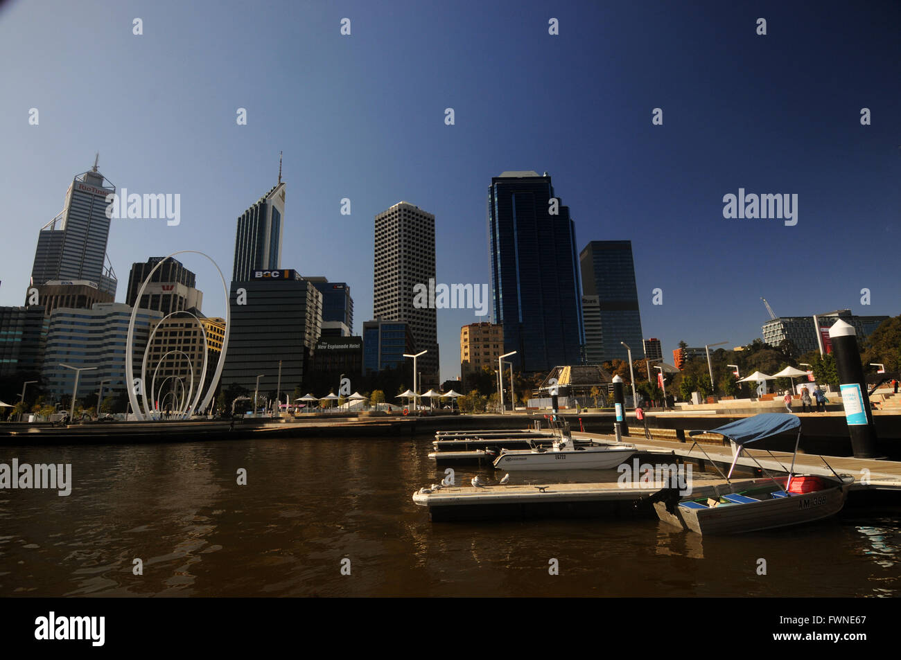 Small boats moored at Elizabeth Quay, Perth, Western Australia. No MR ...