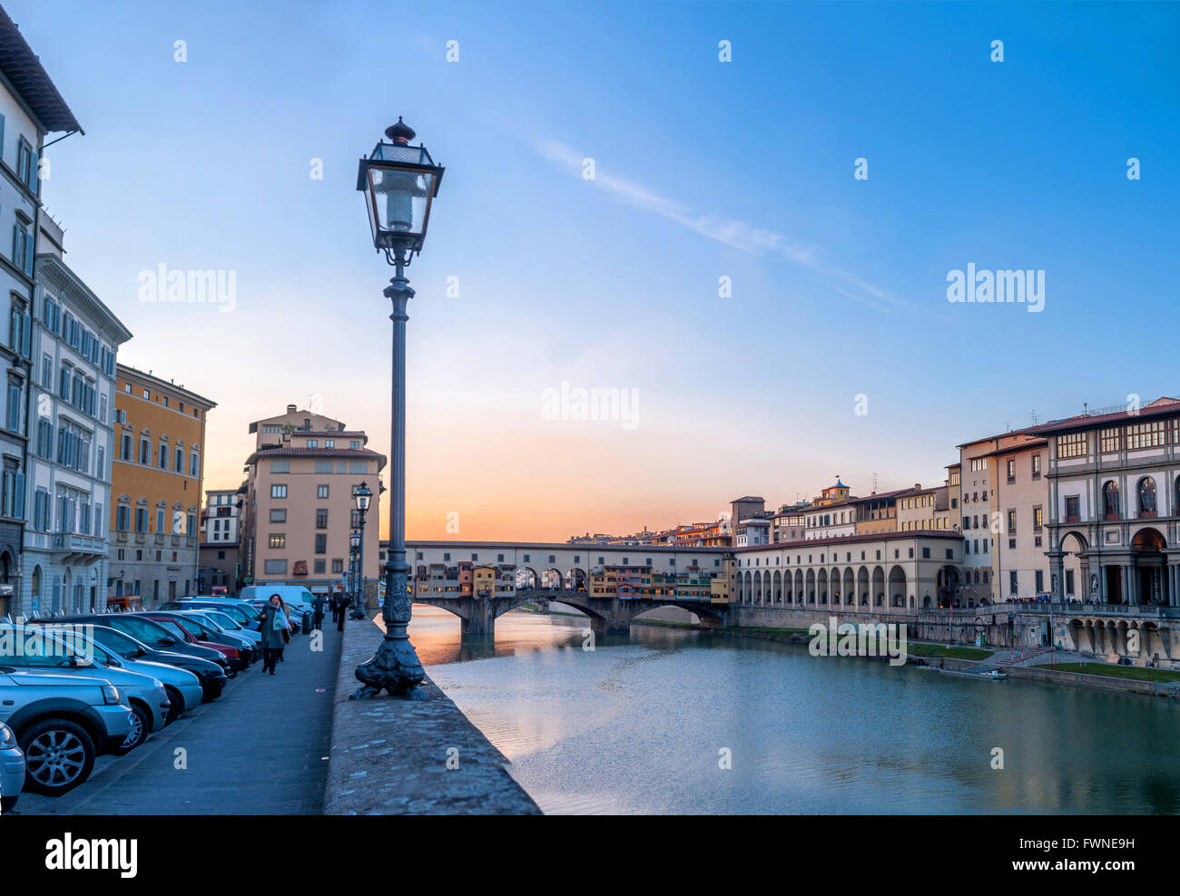 The Ponte Vecchio, or Old Bridge, in Florence, at dusk Stock Photo - Alamy