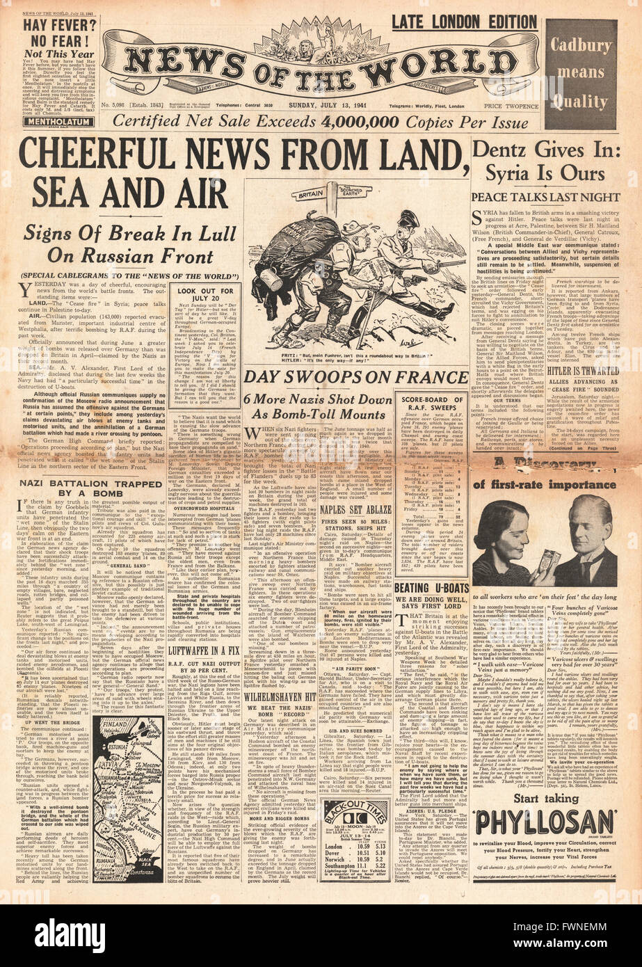 1941 front page News of the World Cheerful News for Allies Stock Photo ...