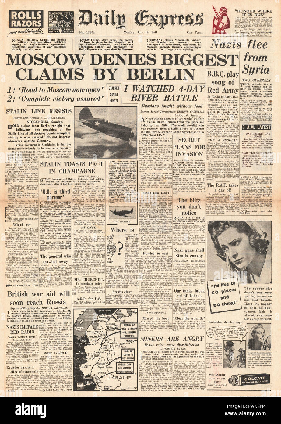 1941 front page Daily Express Germans claim Moscow in Peril Stock Photo ...
