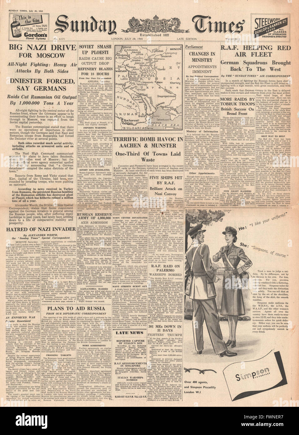 1941 front page Sunday Times German Forces Advance to Moscow and RAF ...