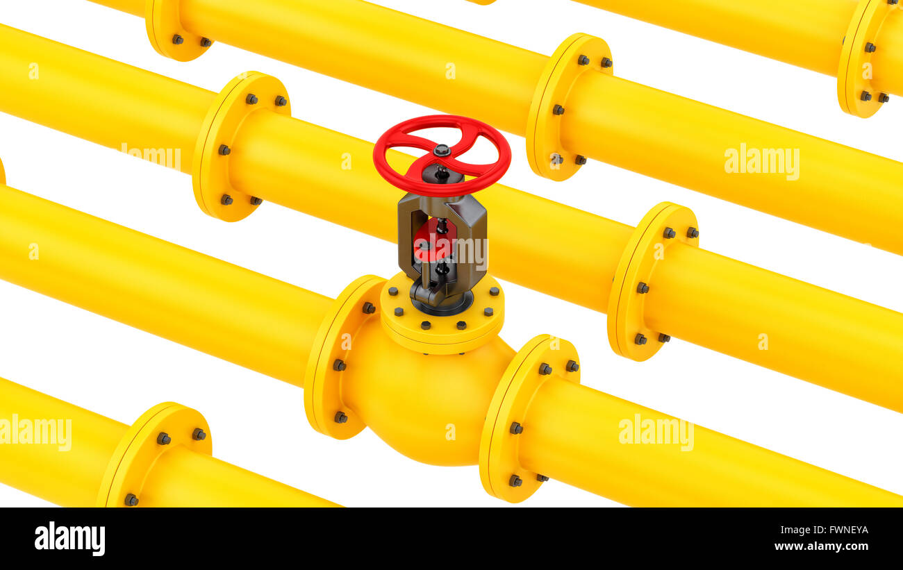 render of yellow pipes with a red valve, isolated on white Stock Photo ...