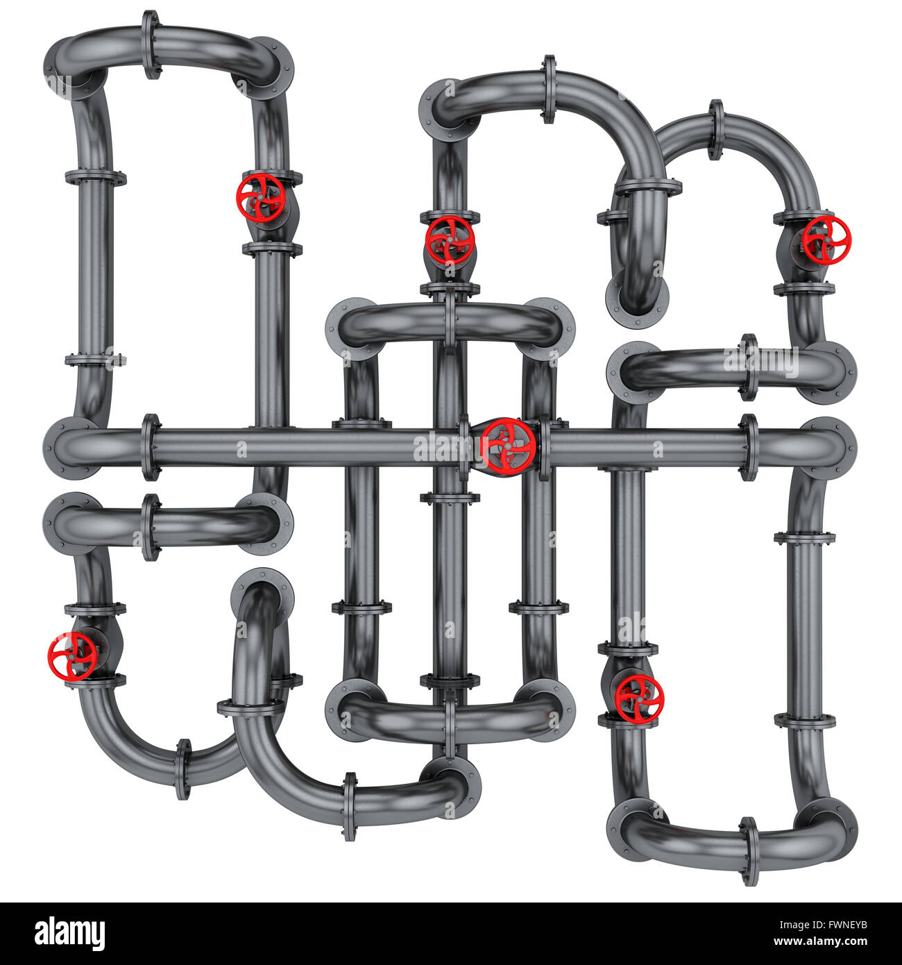 render of pipes with red valves, isolated on white Stock Photo - Alamy