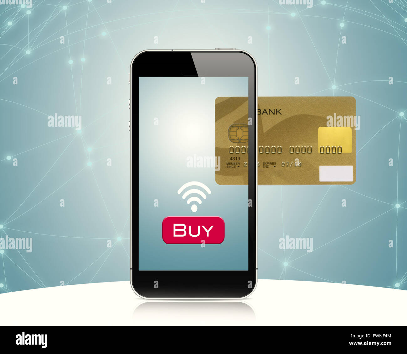 Smartphone displaying image of credit card.Digital composite Stock ...