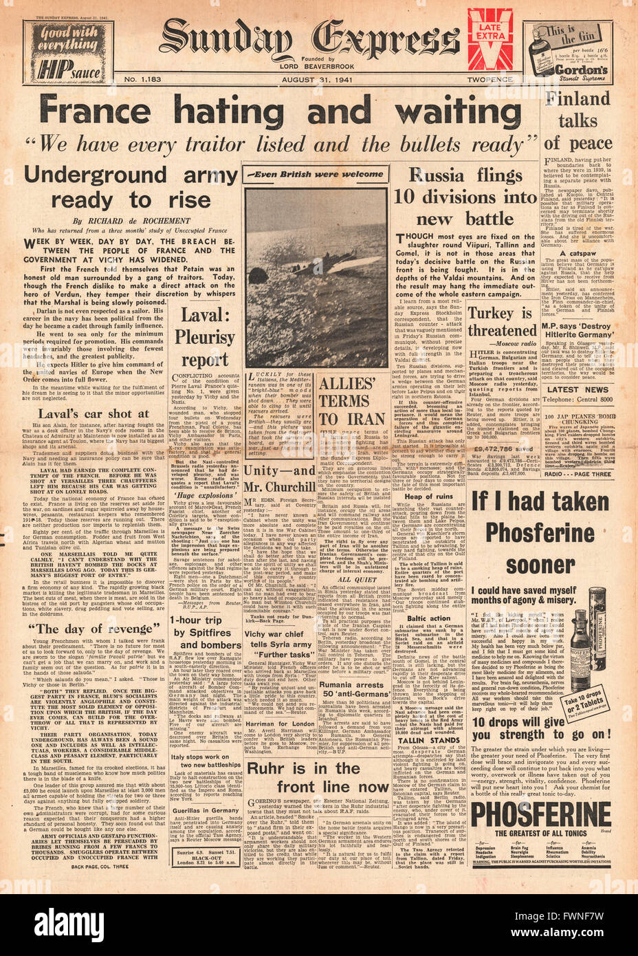 1941 front page Sunday Express People of France divided Stock Photo - Alamy