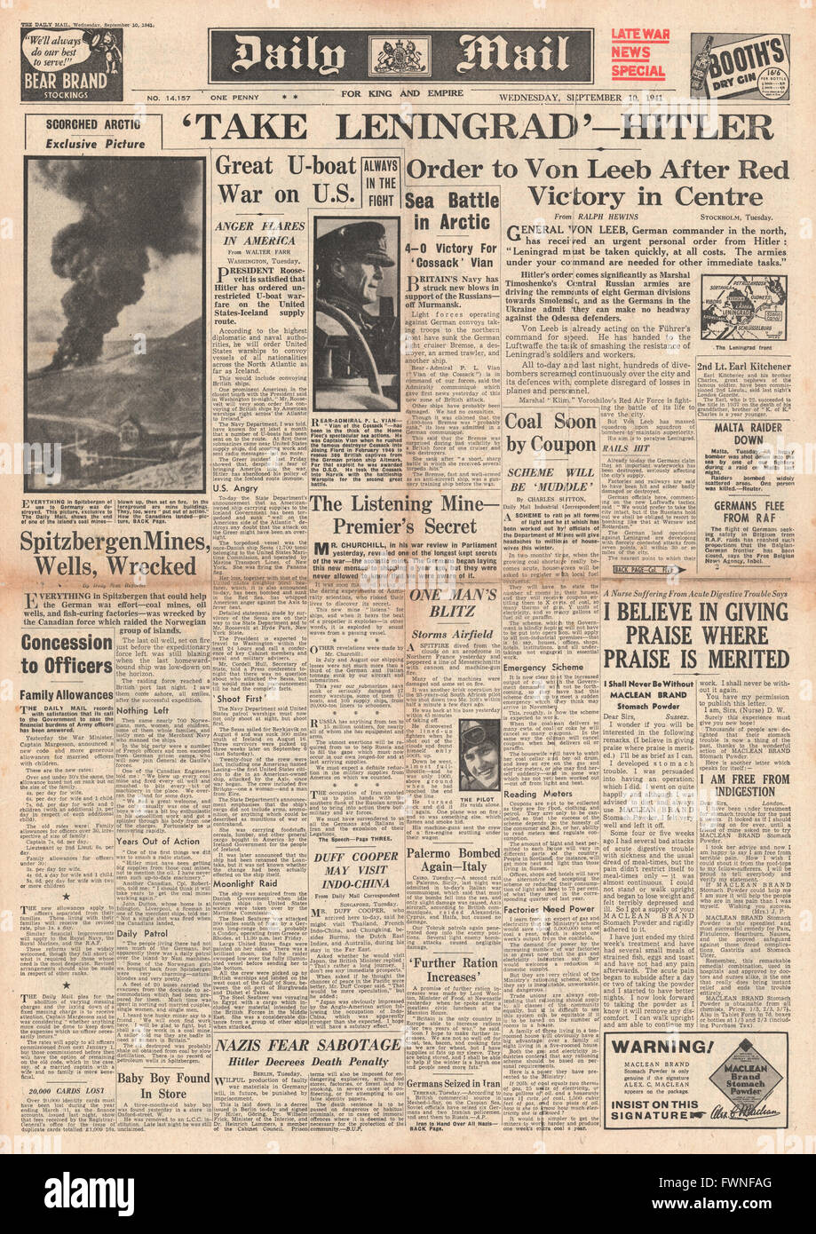 1941 front page Daily Mail Hitler order 'Take Leningrad' and U-Boat war ...