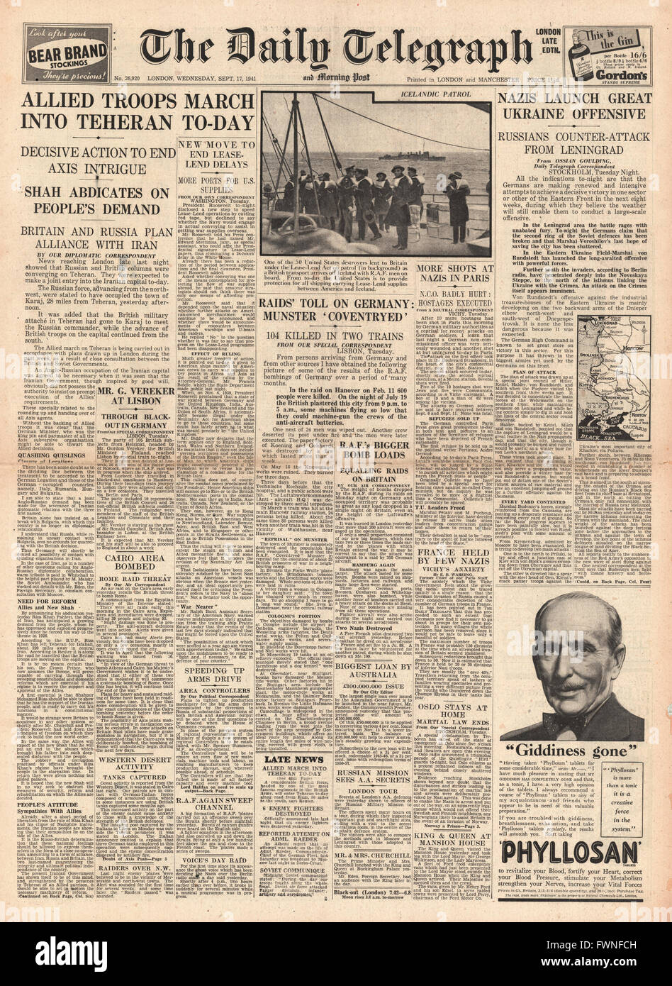 1941 front page Daily Telegraph Allied Troops march in Tehran, RAF ...