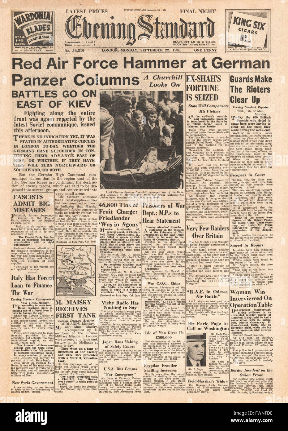 1941 front page Evening Standard Russian Air force attack German Tank ...
