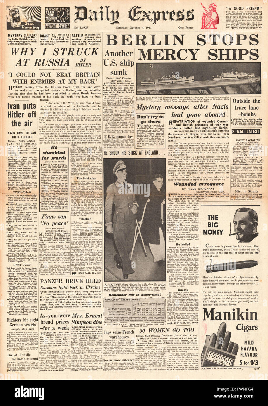 1941 front page Daily Express Berlin stops Mercy Ships, Hitler explains ...