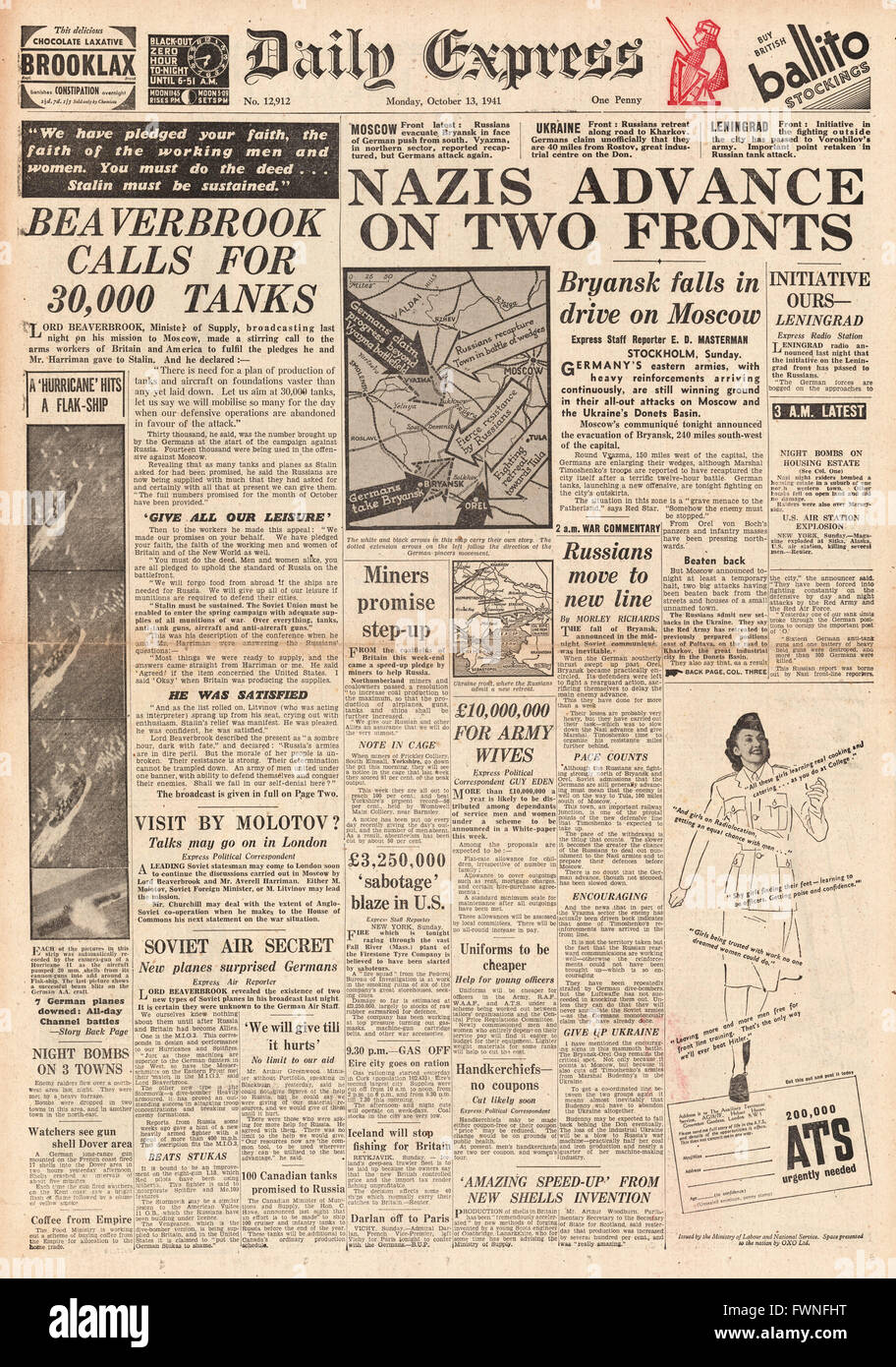 1941 front page Daily Express German Army advance on Moscow and Lord ...
