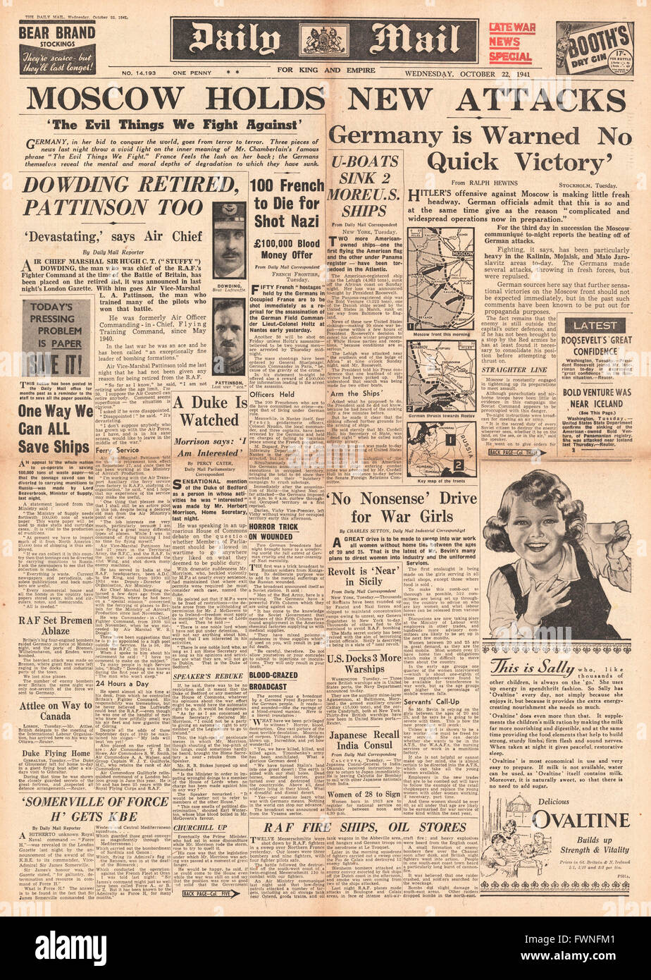 1941 front page Daily Mail Battle for Moscow, Executions in Nantes and ...